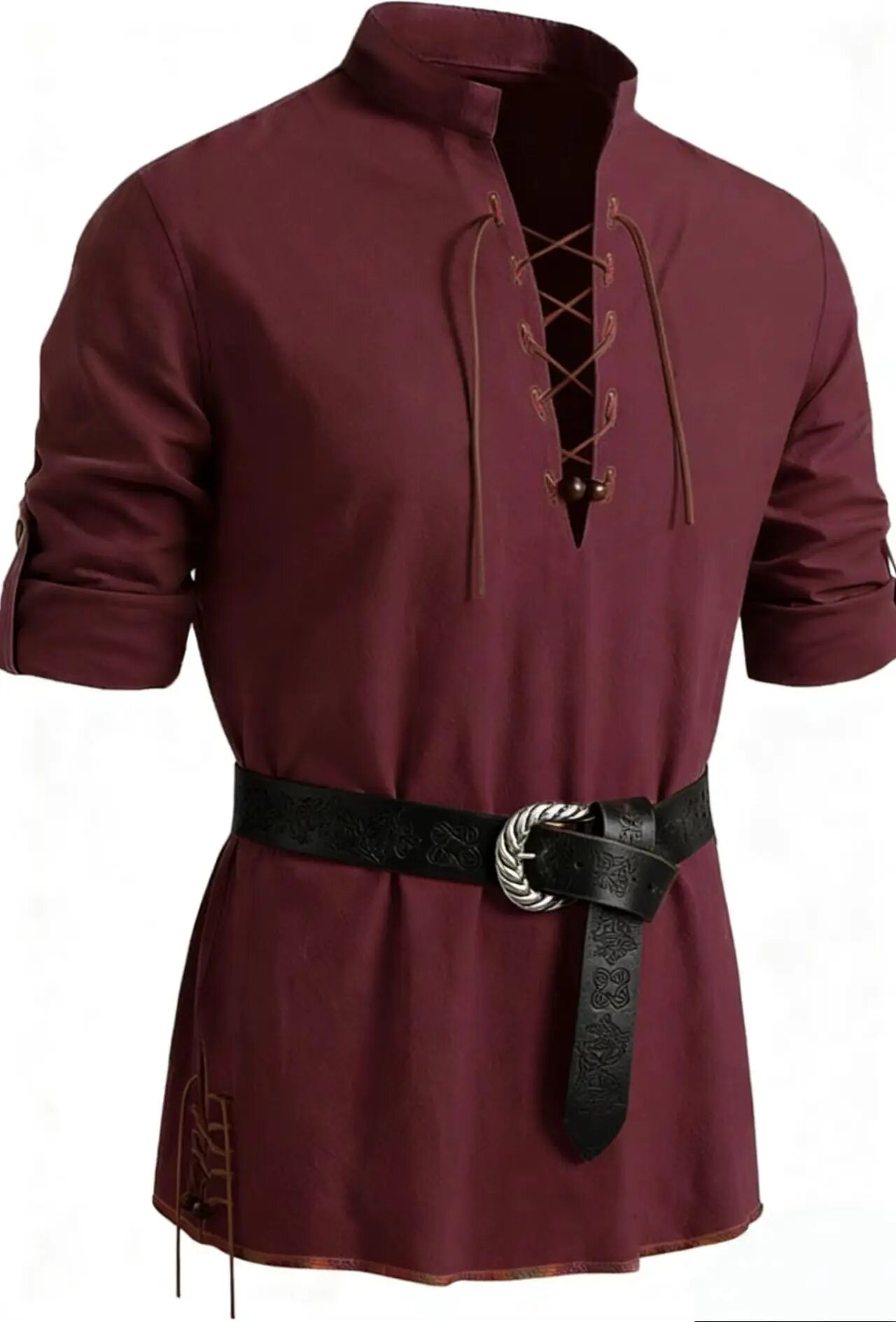 Викинговая рубашка из вискозы и полиэстера Бордовый, L, with belt