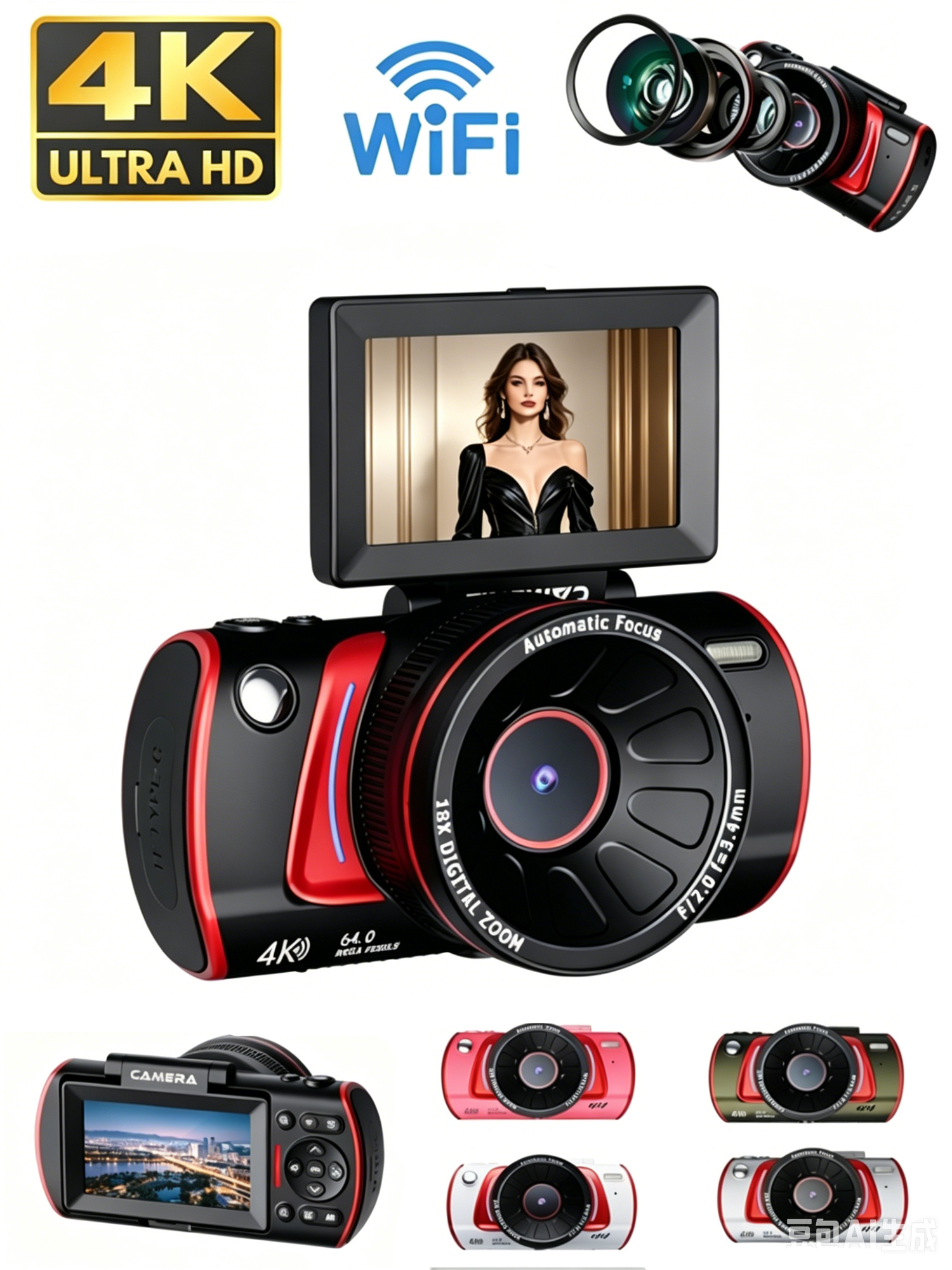 Цифровая камера 64MP 4K 18x зум, поворотный экран 180°, автофокус, Wi-Fi, LED – компактный фотоаппарат для влоггинга