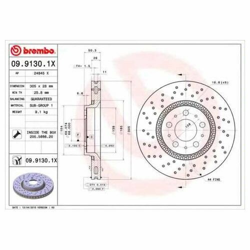 Тормозной диск передний Brembo 0991301X для Volvo S60 I, S80 I, V70 II, XC70