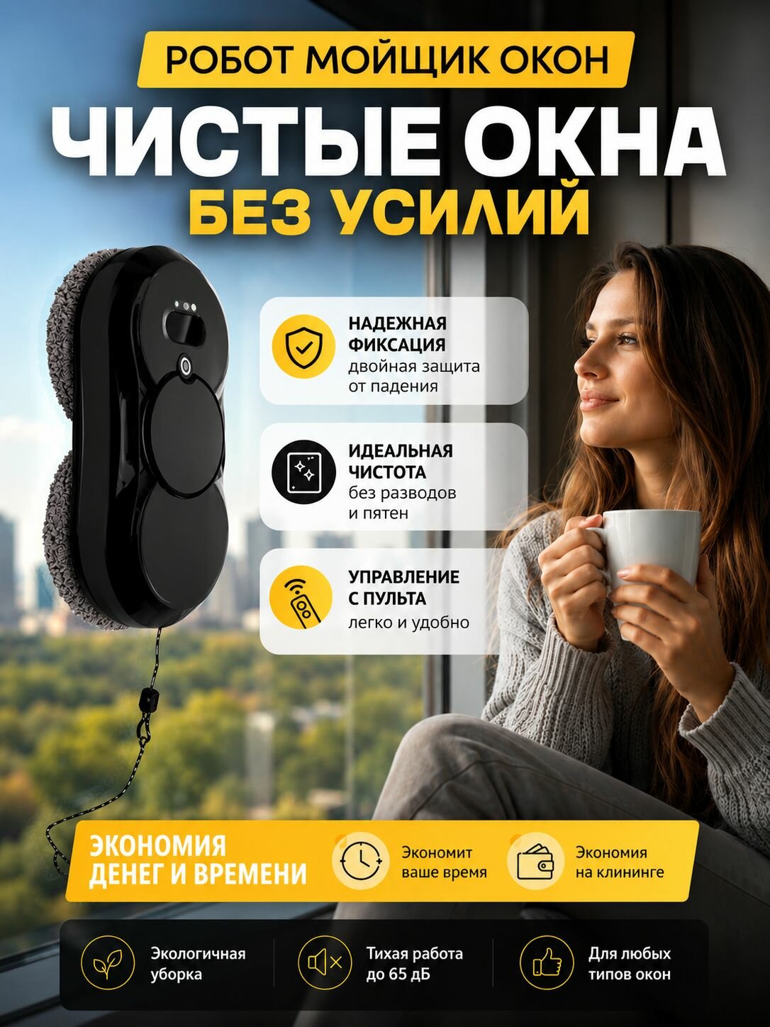 Робот-мойщик окон, с пультов, до 20 мин работы, автоматическое определение зоны уборки — фото 1