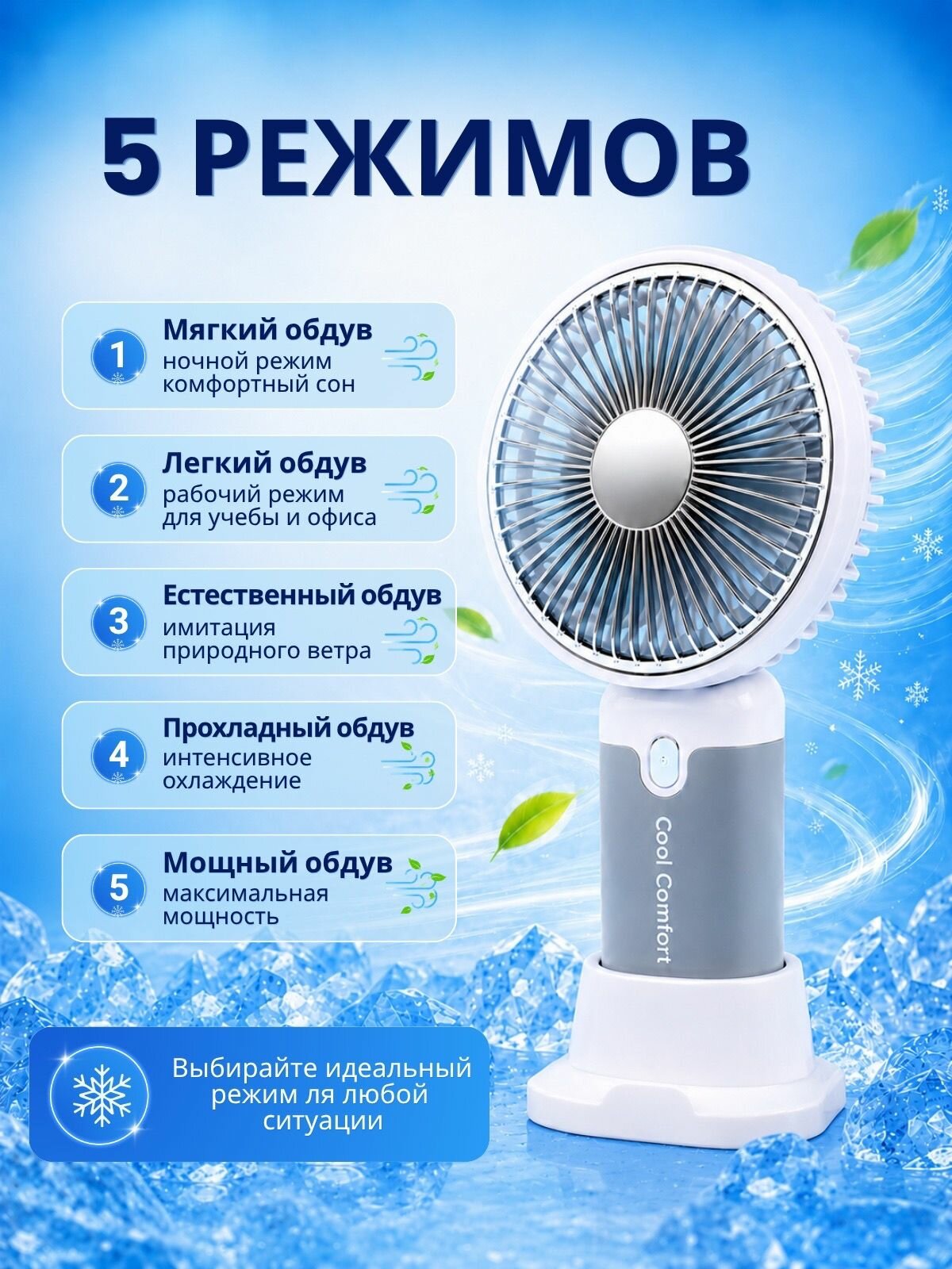 Портативный вентилятор ручной SoundoZ, 5 скоростей, USB, белый