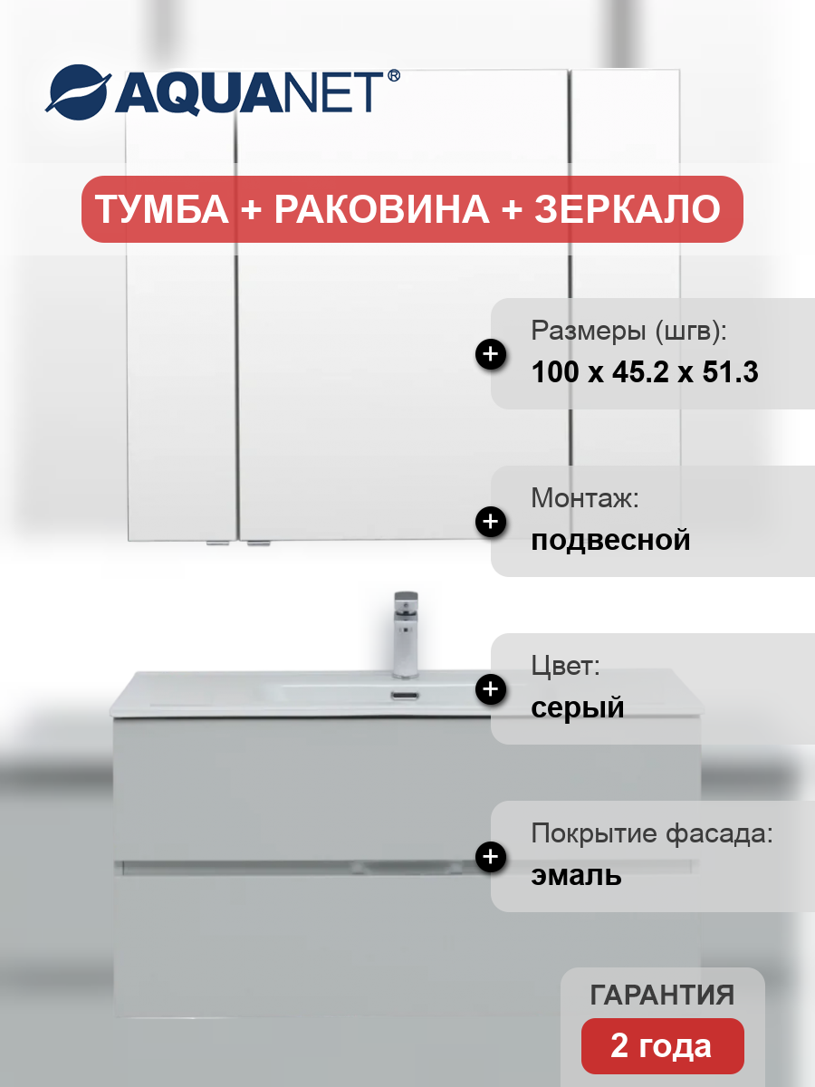 Мебель для ванной Aquanet Алвита 100 подвесная, серая, 2 ящика