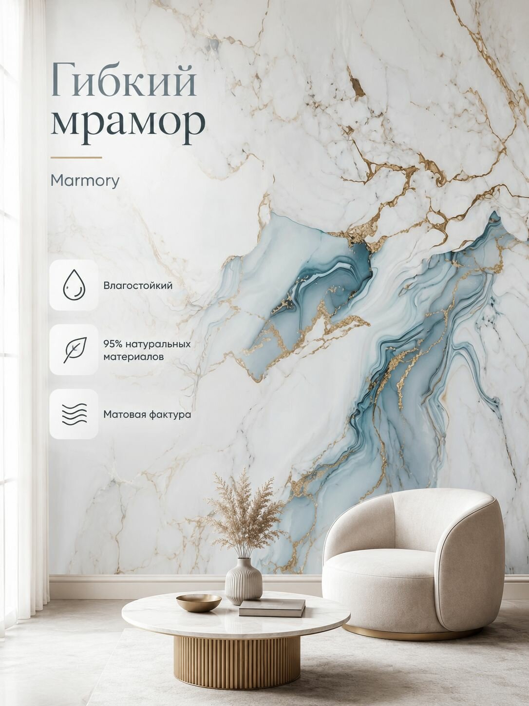 Гибкий мрамор/мраморные обои натуральные "Дарий" полотно №2; 1420х2850; 4,047 кв. м.