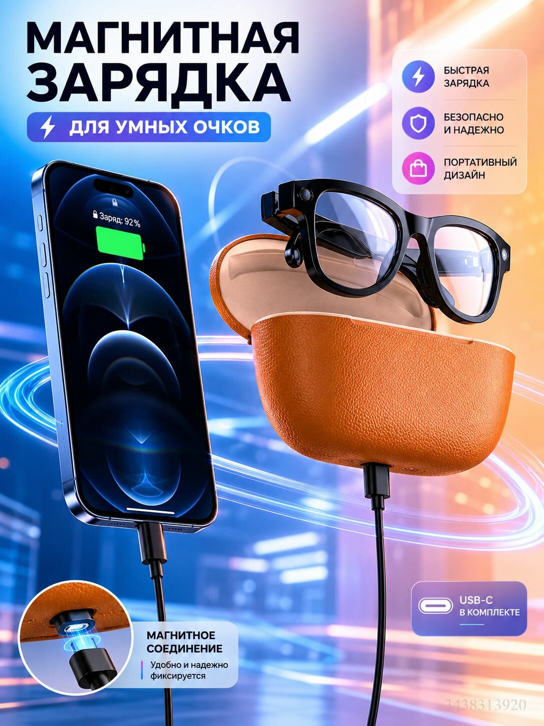 Умные очки с камерой и микрофоном, смарт очки, зарядный кейс, Bluetooth 5.3, Wi-Fi, стабилизация, двойное шумоподавление, сменные линзы