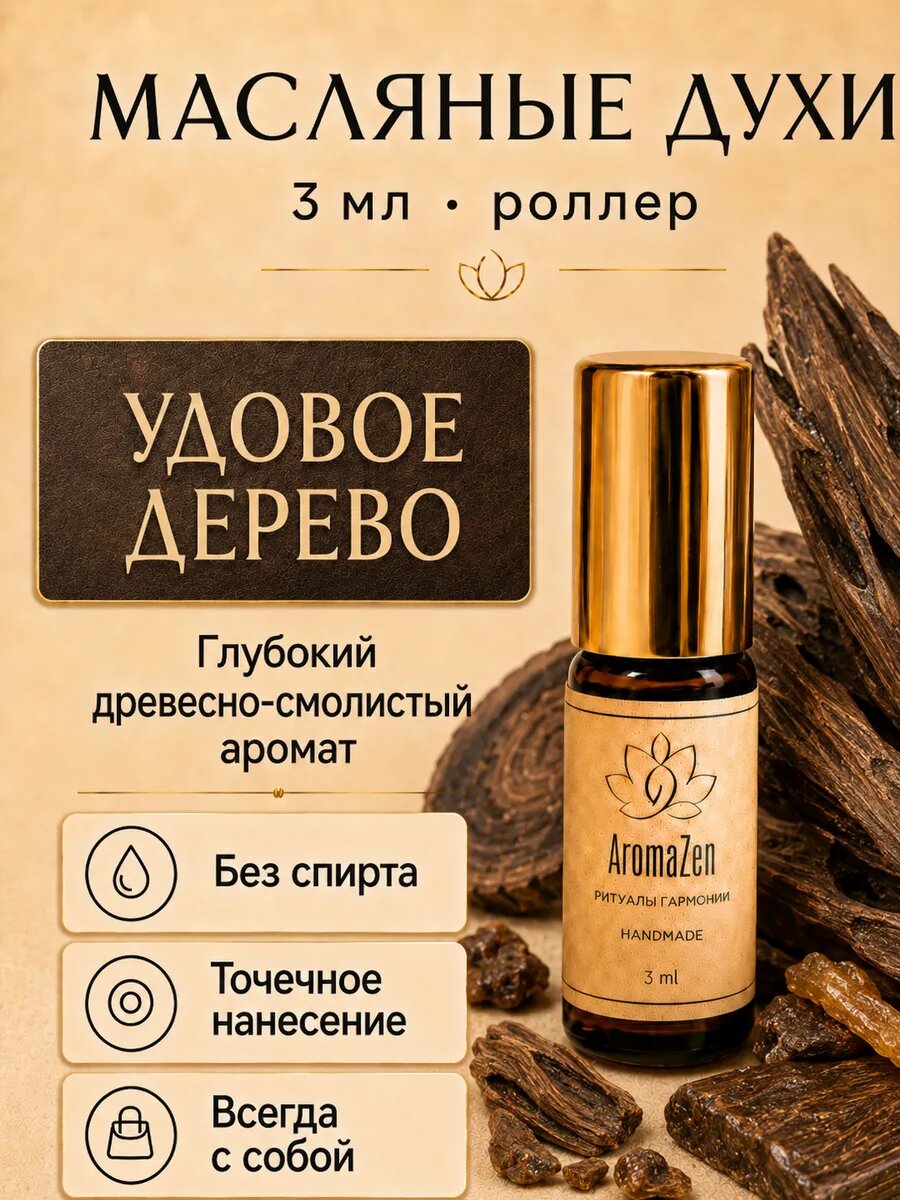 Масляные духи роллер "Удовое дерево", женские, без спирта, шариковые, 3 мл