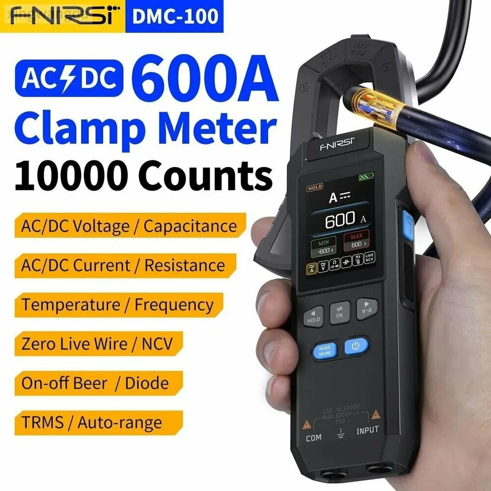 FNIRSI DMC-100, постоянный переменный ток и напряжение, мультиметр с клещами, полностью автоматический интеллектуальный высокоточный 600 А, 10 000 отсчетов, электрические инструменты NCV-черный