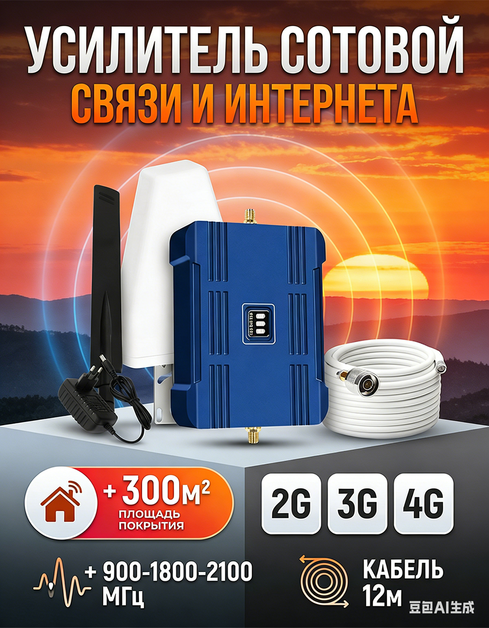Усилитель сотовой связи 900/1800/2100 МГц (2G/3G/4G): до 70 км, направленный, синий, 1.3 кг