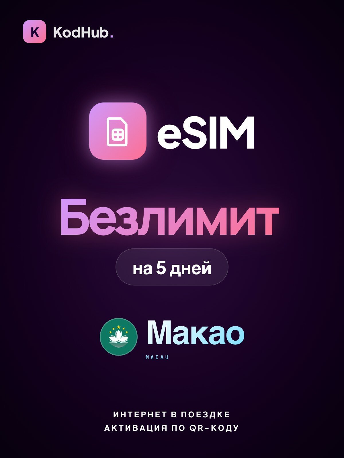 Туристическая eSIM Макао безлимит на 5 дней | интернет в поездке, связь за границей | QR-код активации