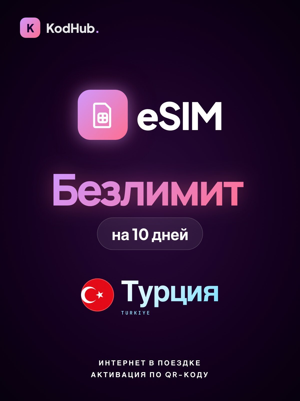 Туристическая eSIM Турция безлимит на 10 дней | интернет в поездке, связь за границей | QR-код активации