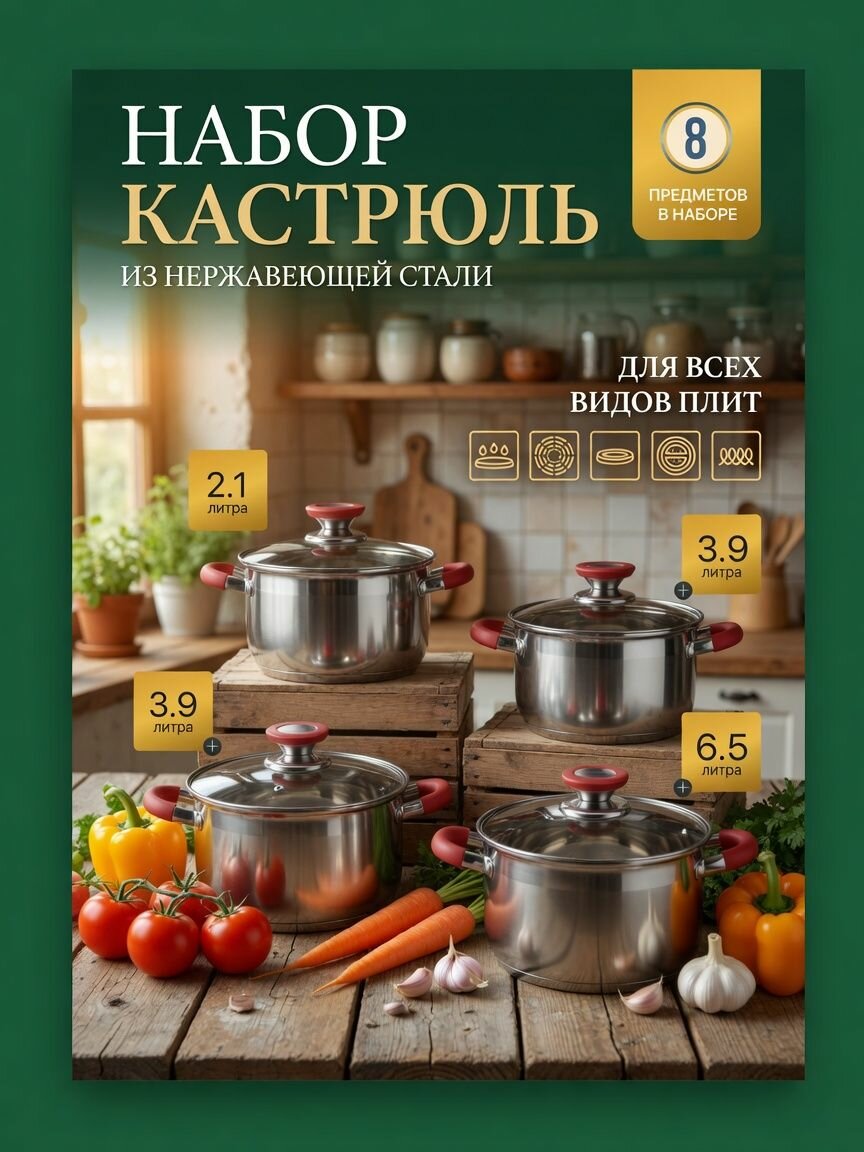Набор Кастрюль С Крышкой И Толстым Дном Для Кухни и Готовки. Маленьких, Больших Из Нержавеющей Стали Для Газовых, Электрических, Индукционных Плит. Красный, 4шт