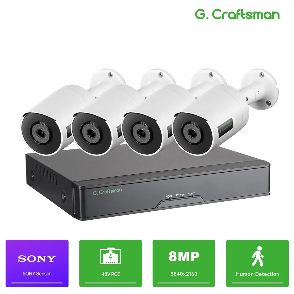 C-R, G. Craftsman 4CH 8MP IMX415 POE CCTV Kit Система сравнения распознавания лиц Аудио Наружная система безопасности HiEasy G8-K4