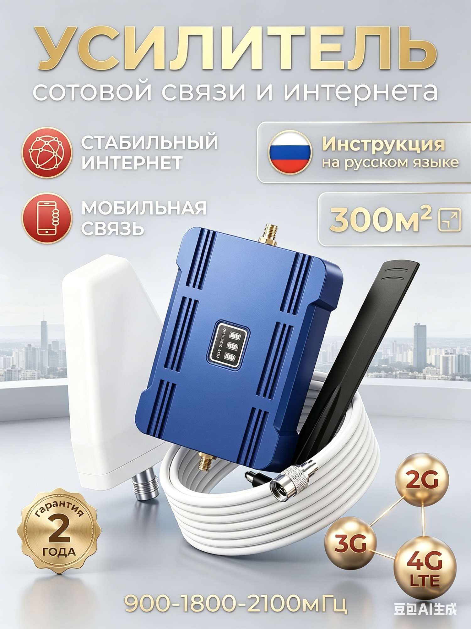 Усилитель сотовой связи 900/1800/2100 МГц (2G/3G/4G): до 70 км, направленный, синий, 1.3 кг