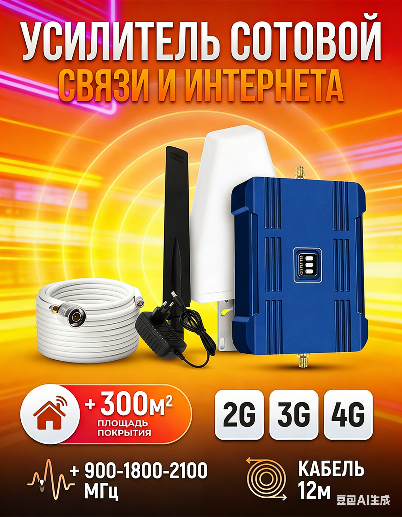 Усилитель сотовой связи 900/1800/2100 МГц (2G/3G/4G): до 70 км, направленный, синий, 1.3 кг