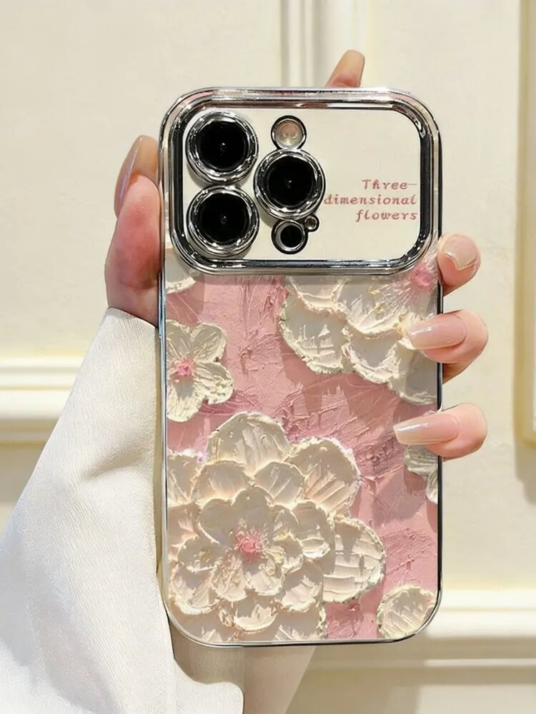 Чехол для iPhone 17 с хромированной рамкой, объемные цветы масляной живописи, розово-белый