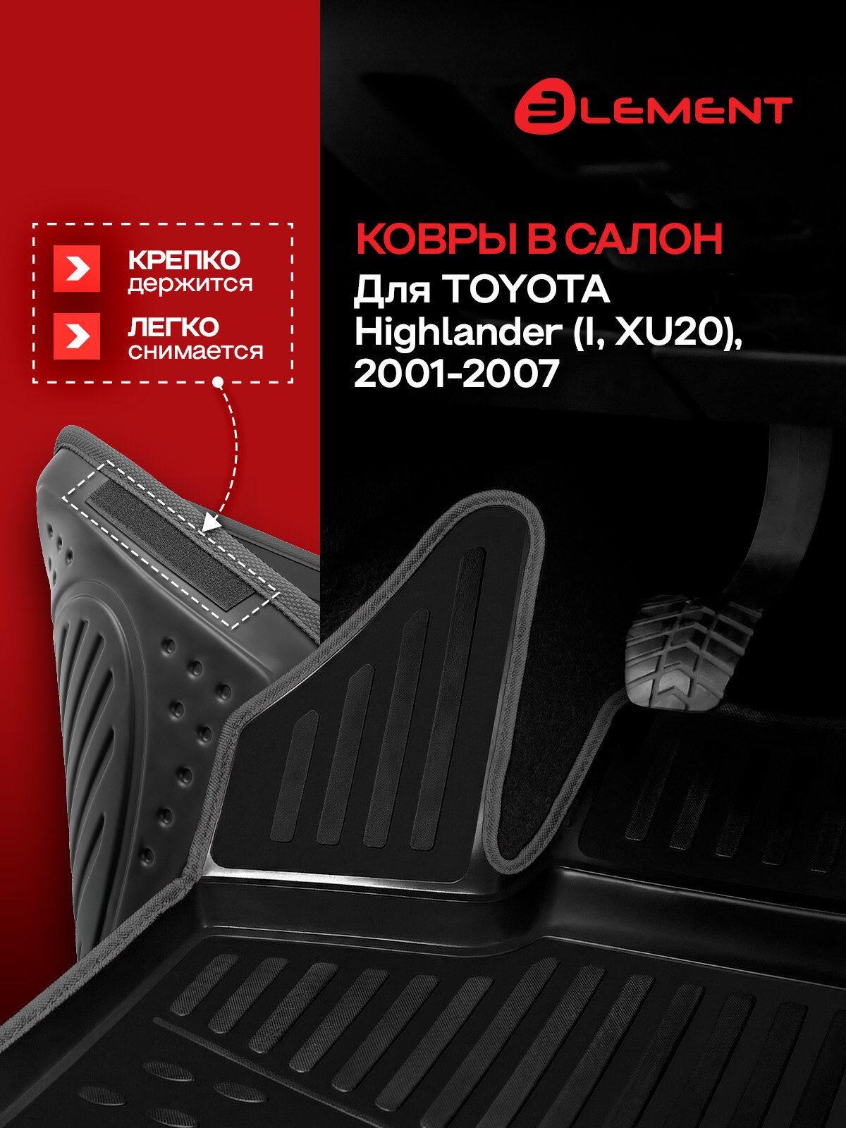 Коврики в салон для TOYOTA Highlander (I, ХU20), 2001-2007, 3 шт.(черный кант, полиуретан) / Тойота Хайлендер