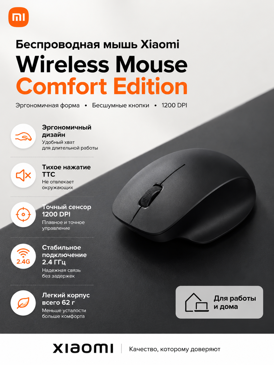 Мышь Xiaomi Mi Wireless Comfort Edition, беспроводная, оптическая, для правой руки