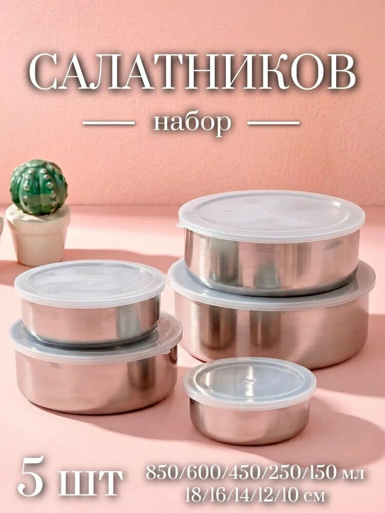 Набор салатников из нержавеющей стали с крышками "Сталь", салатники металлические, 5 шт, объем 850 мл, 600 мл, 450 мл, 250 мл, 150 мл
