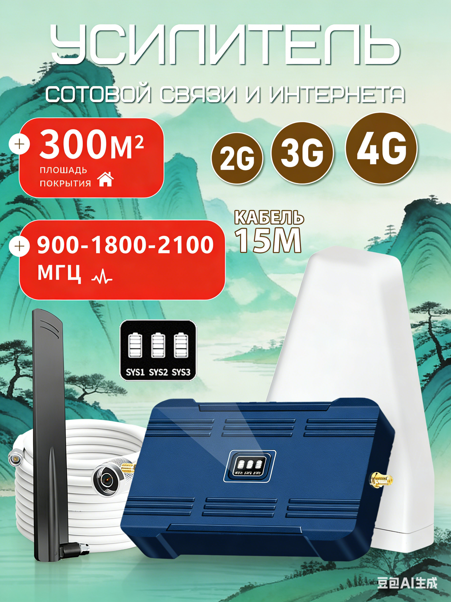 Усилитель сотовой связи 900/1800/2100 МГц (2G/3G/4G): до 70 км, направленный, синий, 1.3 кг