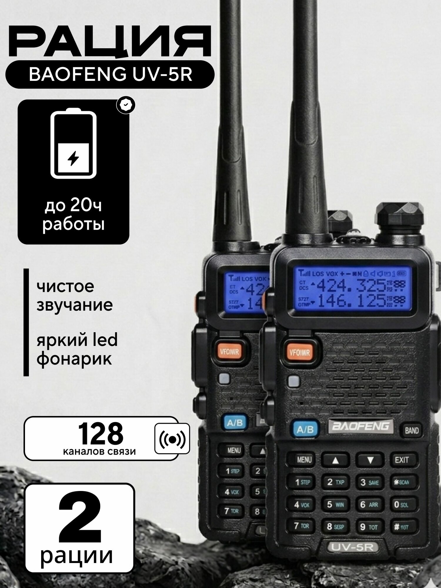 Рация двухдиапазонная Baofeng UV-5R 2 шт (радиостанция) 5W, черная