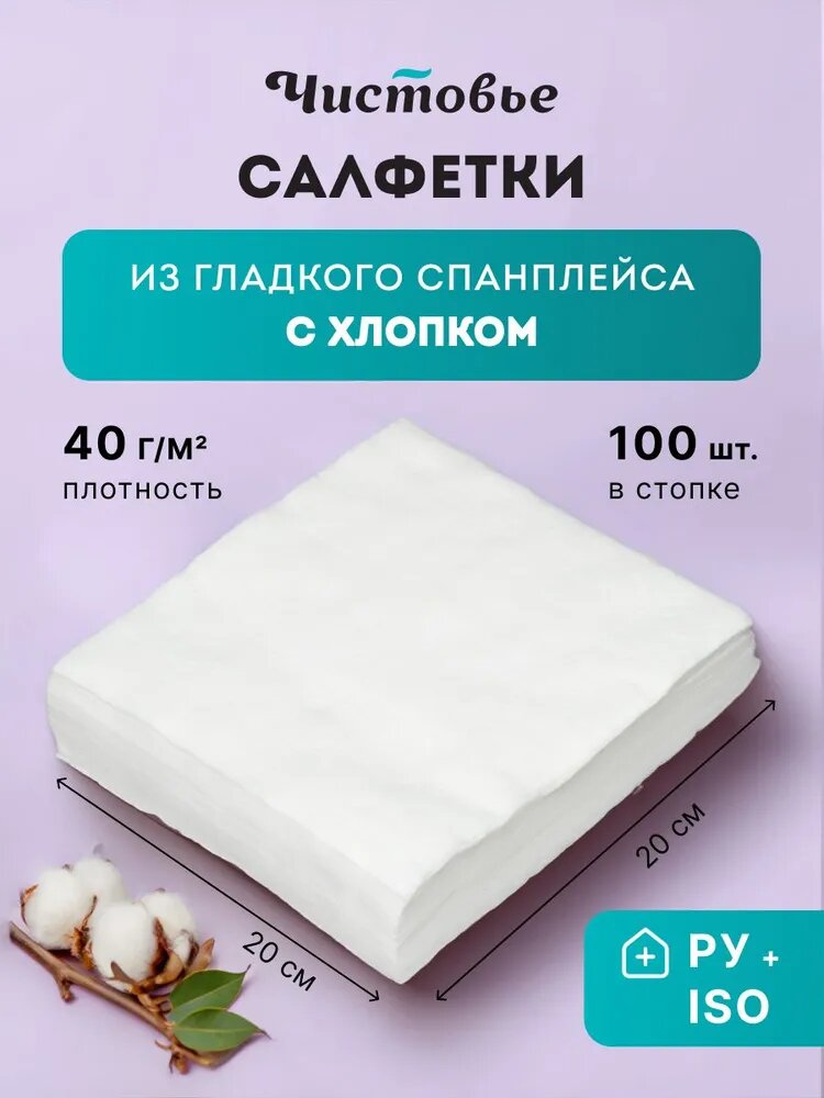 Салфетки одноразовые безворсовые впитывающие Спанлейс Чистовье 20х20 см тряпочка на труды 100 шт