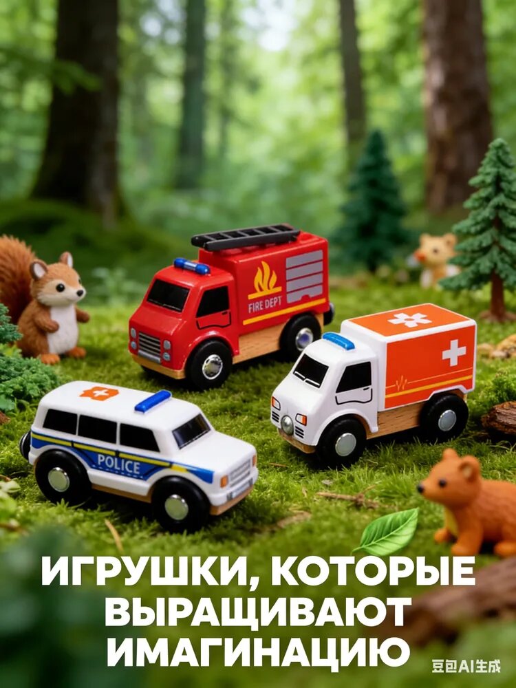 Набор машинок Городские службы, Дополнительные детали для детской деревянной железной дороги