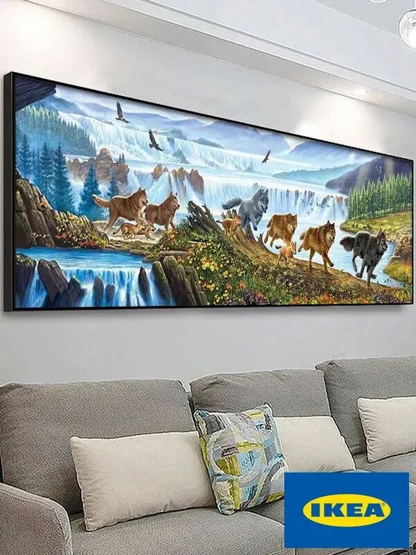 Стая волков Алмазная живопись, круглый алмаз 30x90CM, без рамки. Животные, акрил