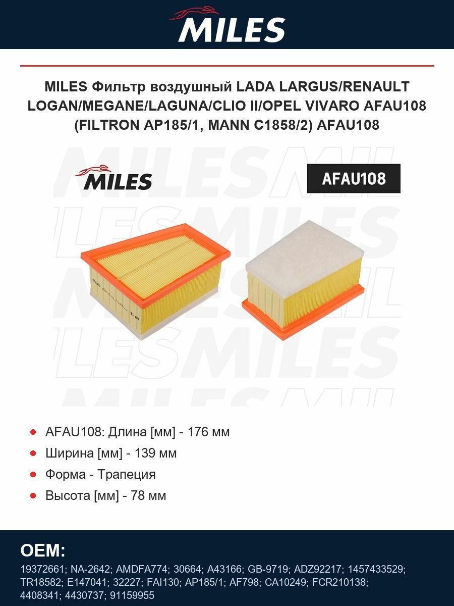 MILES Фильтр воздушный LADA LARGUS/RENAULT LOGAN/MEGANE/LAGUNA/CLIO II/OPEL VIVARO AFAU108 (FILTRON AP185/1, MANN C1858/2) AFAU108