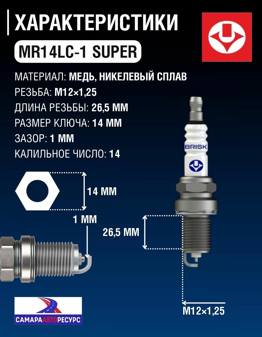 Свеча зажигания BRISK MR14LC 1 Super для Гранта, Веста, Ларгус, XRAY (двигатель 11182)