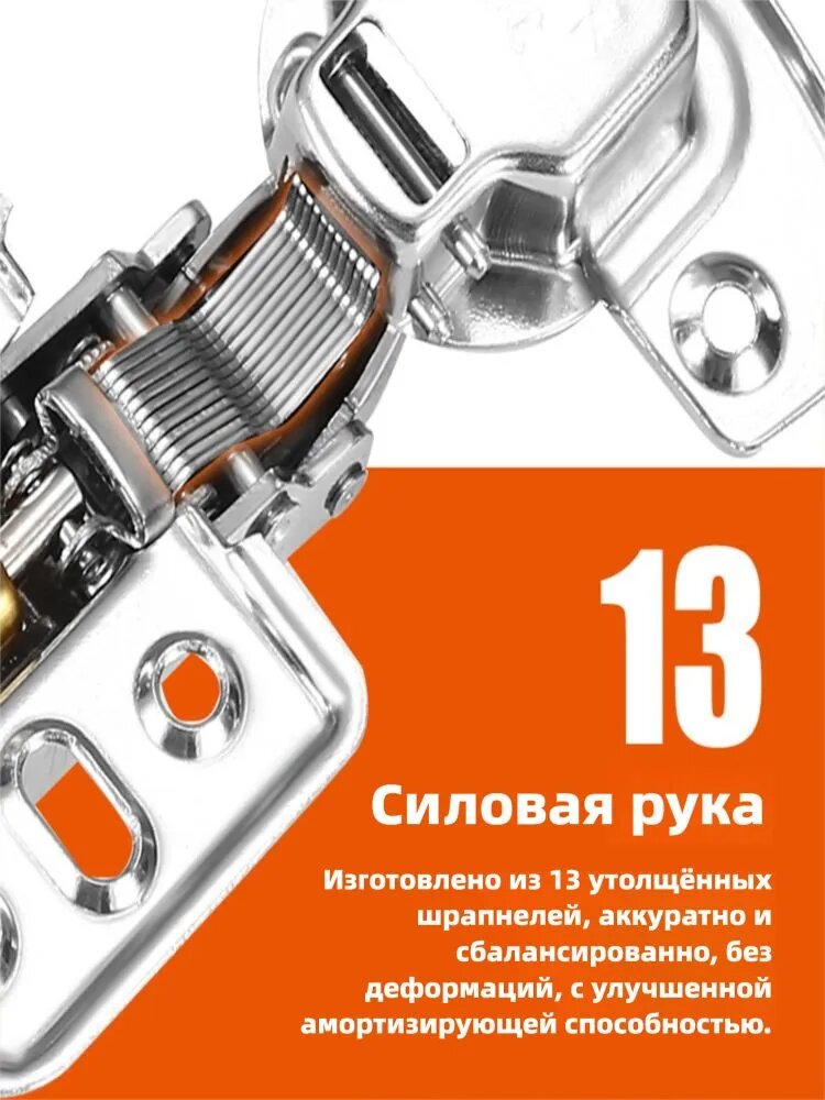 Петля мебельная съёмная из нержавеющей стали 2,0 мм, 13 усиленных рычагов, гидравлический буфер — фото 1