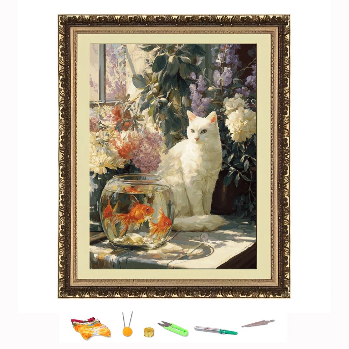 Набор для вышивки крестом "Белая кошка и золотая рыбка", 11CT 30x40cm, 14CT Cotton Threads