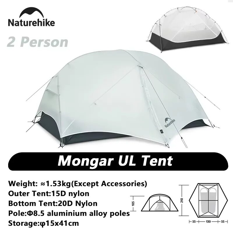 Палатка Naturehike Mongar 2 из полиэстера 210T для кемпинга и походов, ультralегкая, водонепроницаемая, для 2 человек, для походов с рюкзаком, 3-сезонная, для откры-air.