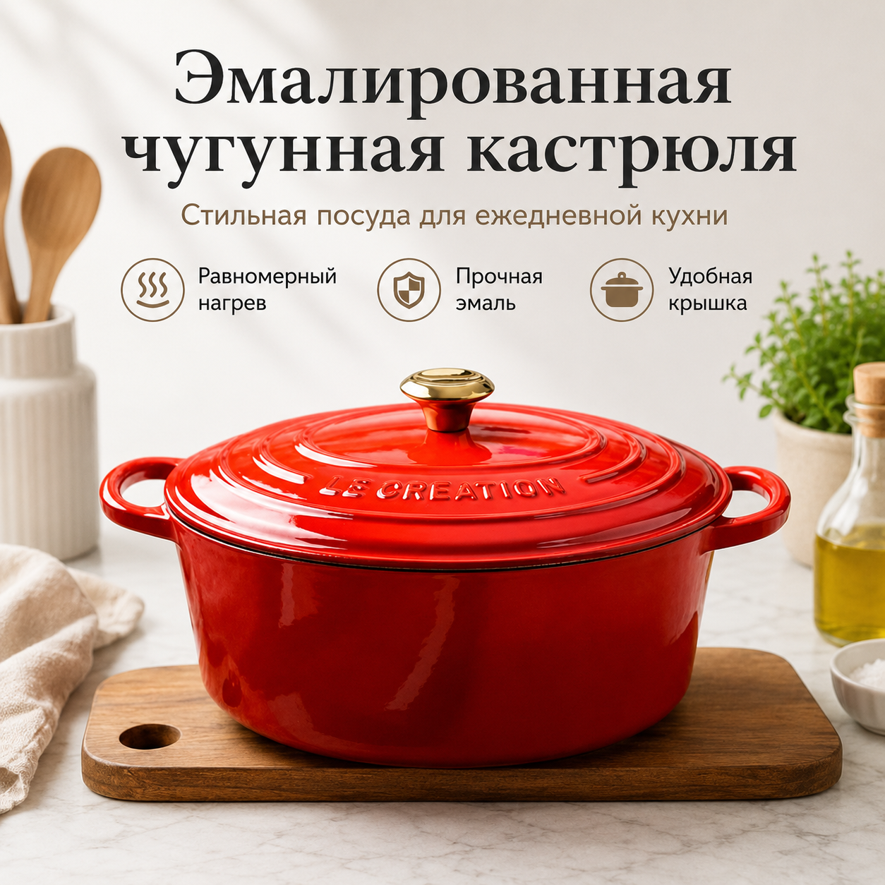 Утятница чугунная эмалированная овальная с крышкой ALWOtech 18 см, красная