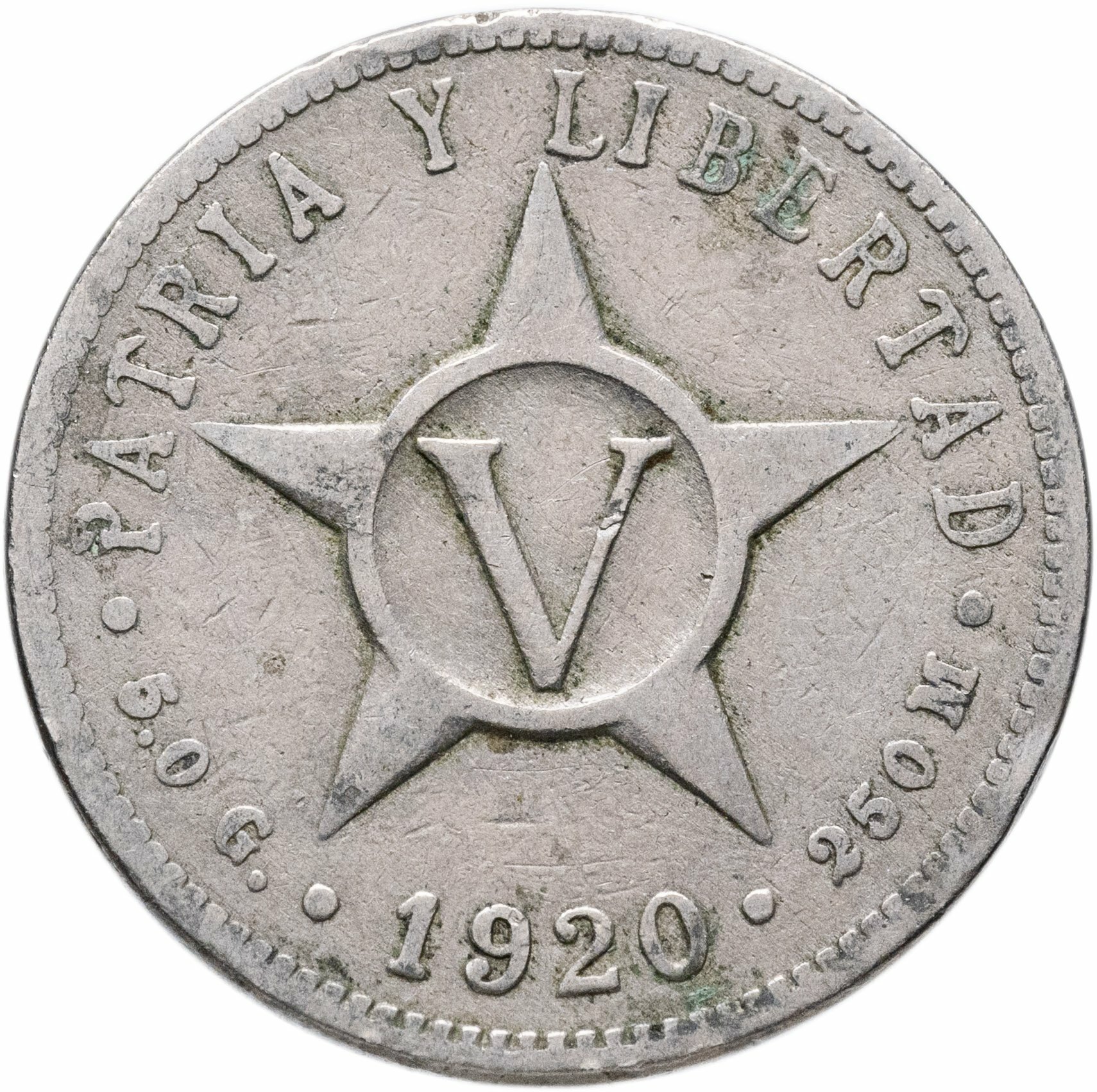 Куба 5 сентаво centavos 1920, Мельхиор медь-никель, в сохранности VF
