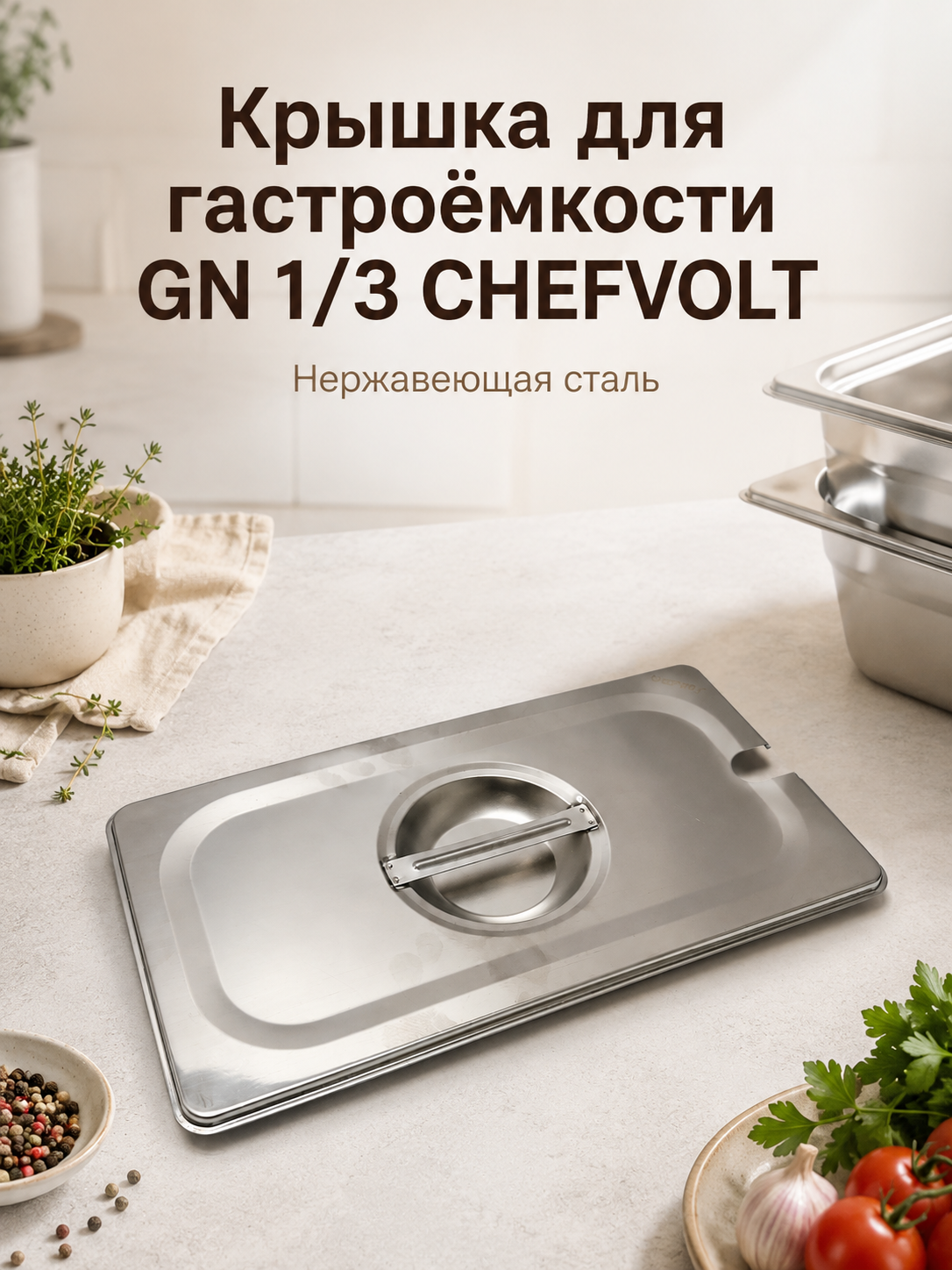 Крышка для гастроемкости GN 1/3, с отверстием для ложки, нержавеющая сталь CHEFVOLT