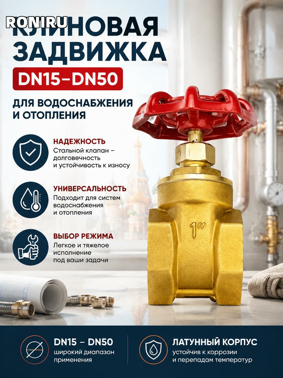 Клиновая задвижка DN15–DN50 для водоснабжения и отопления, латунная, легкое/тяжелое исполнение, с клапаном из стали