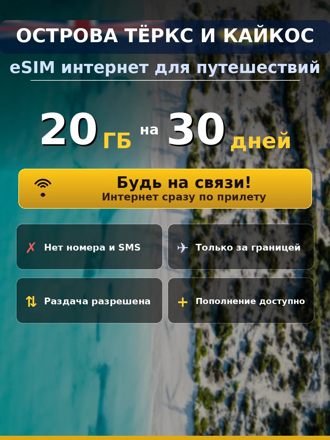 ESIM Острова Тёркс и Кайкос — мобильный интернет 20 ГБ на 30 дней