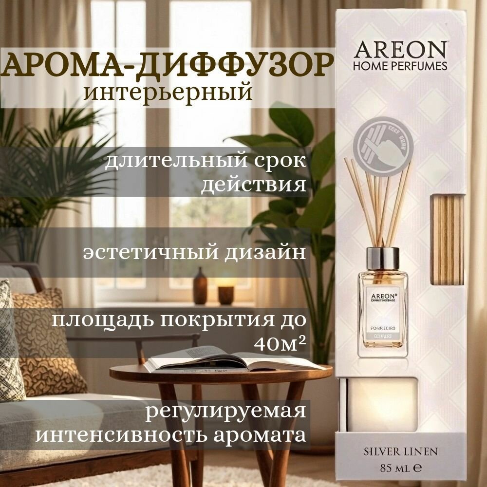 Освежитель (ароматизатор) бытовой диффузор жидкий AREON HOME PERFUME STICKS Silver Linen 85мл
