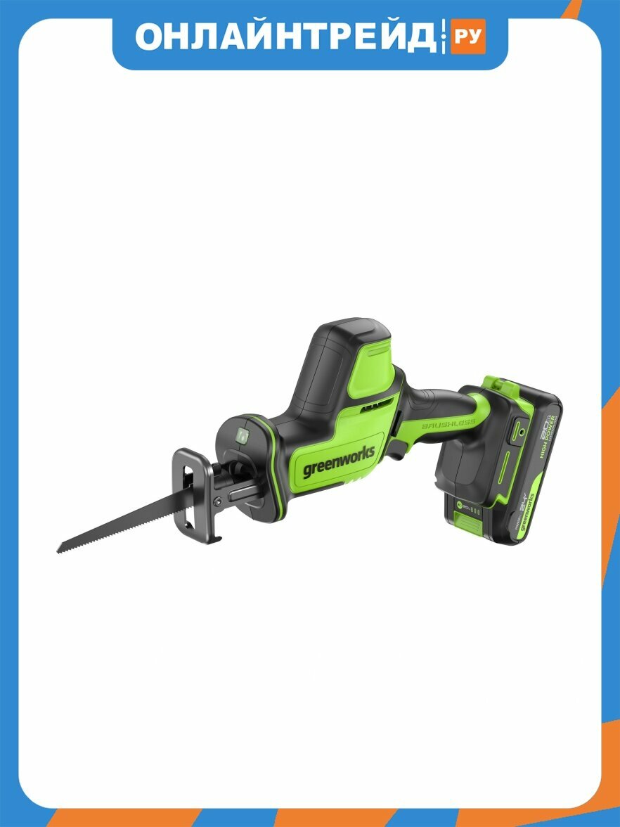 Пила сабельная аккумуляторная Greenworks GPT-CRS-25, 24V, б/щет, 0-3000/мин, рез 80 мм дер, LED, 1х2Ач, ЗУ, кор (1200507CUA)