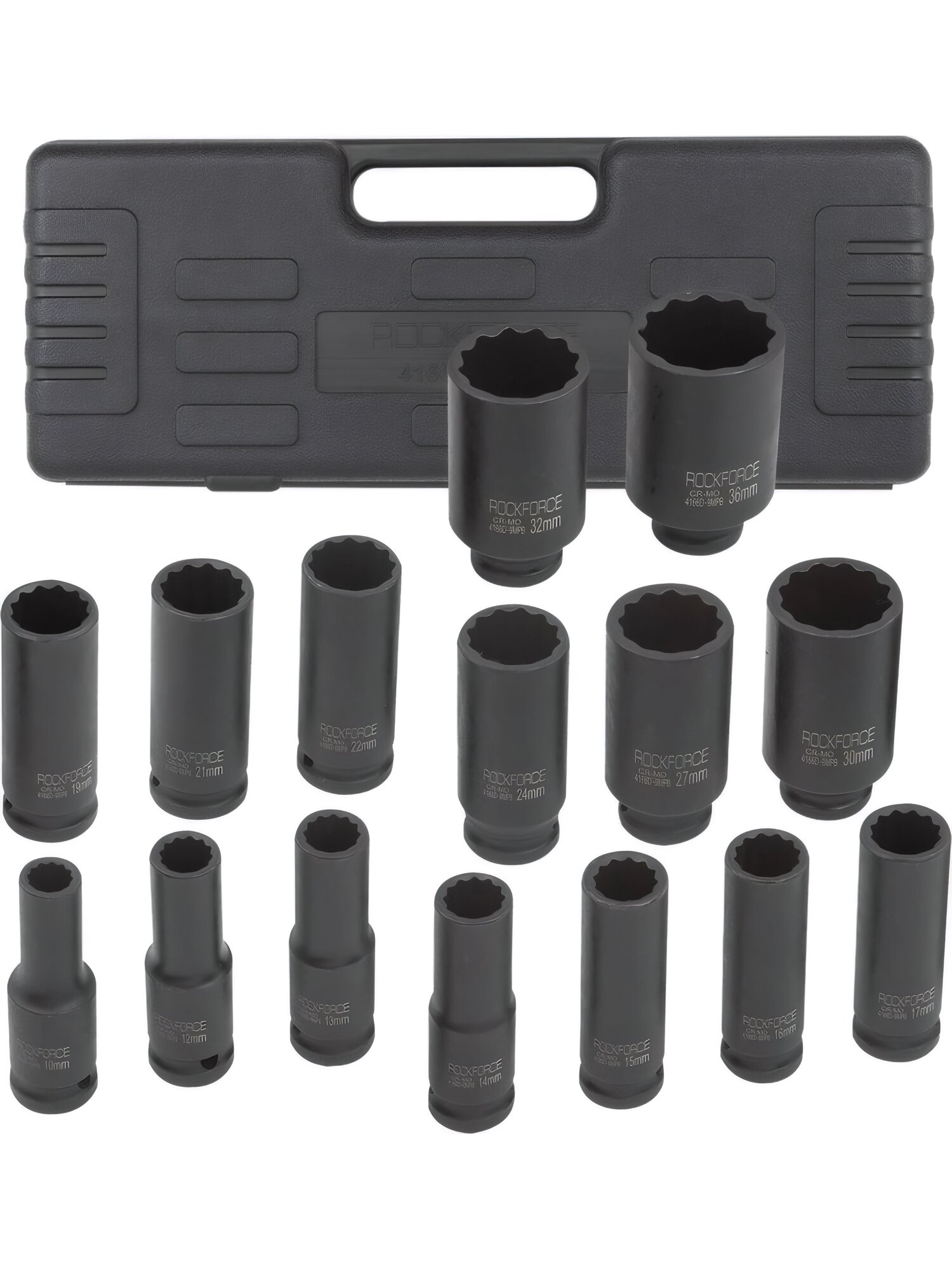 Набор головок ударных глубоких ROCKFORCE RF-4166D-9MPB, 1/2"DR, 10-36мм, 12гр, 15 предм.