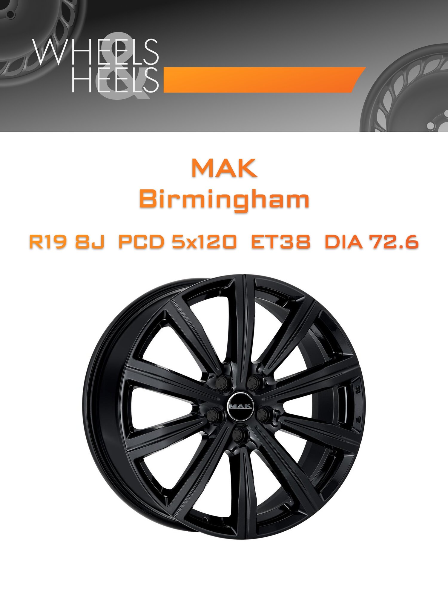 Диск автомобильный литой MAK Birmingham 19x8 5x120 et38 dia72.6 Чёрный глянцевый