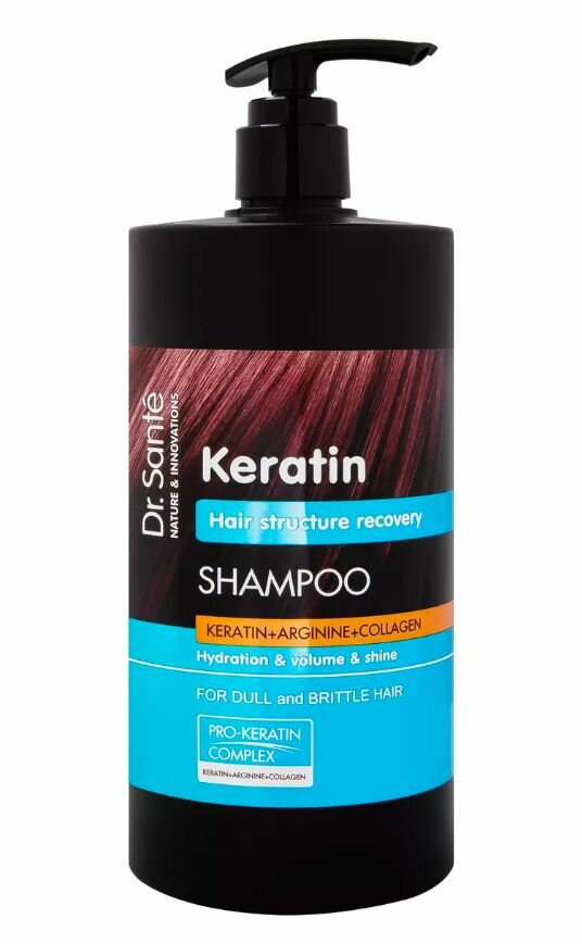 Dr.Sante Keratin Шампунь для тусклых и ломких волос Восстановление Структуры Волос с кератином, аргинином, коллагеном, 1000 мл