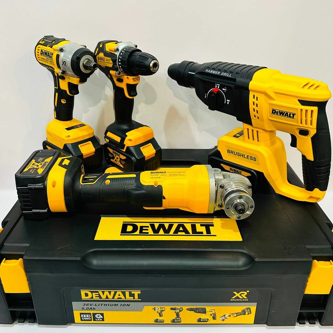 Набор электроинструментов DeWALT 4в1 / Аккумуляторные Шуруповерт, Гайковёрт, Перфоратор, Болгарка (ушм)