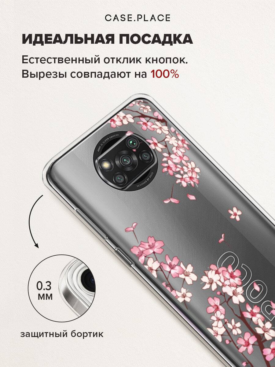 Чехол на Xiaomi Poco X3/X3 Pro / Поко X3/X3 Pro с принтом "Ветви сакуры 1", прозрачный — фото 1