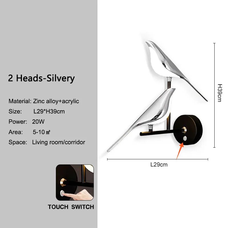 Настенный светильник 2 головы, Silver, 20W, Touch