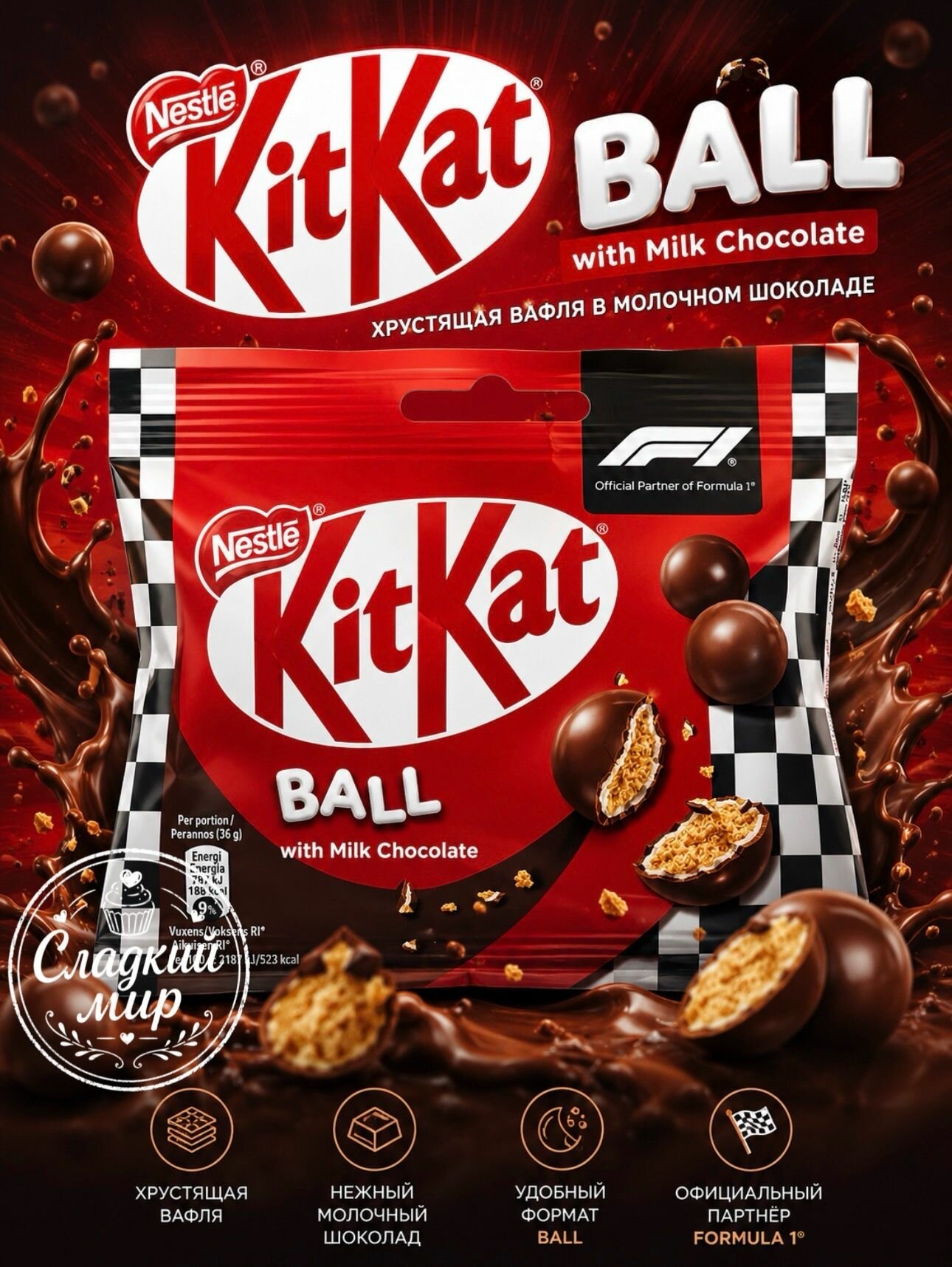 Хрустящие шарики KitKat F1 в молочном шоколаде 36г