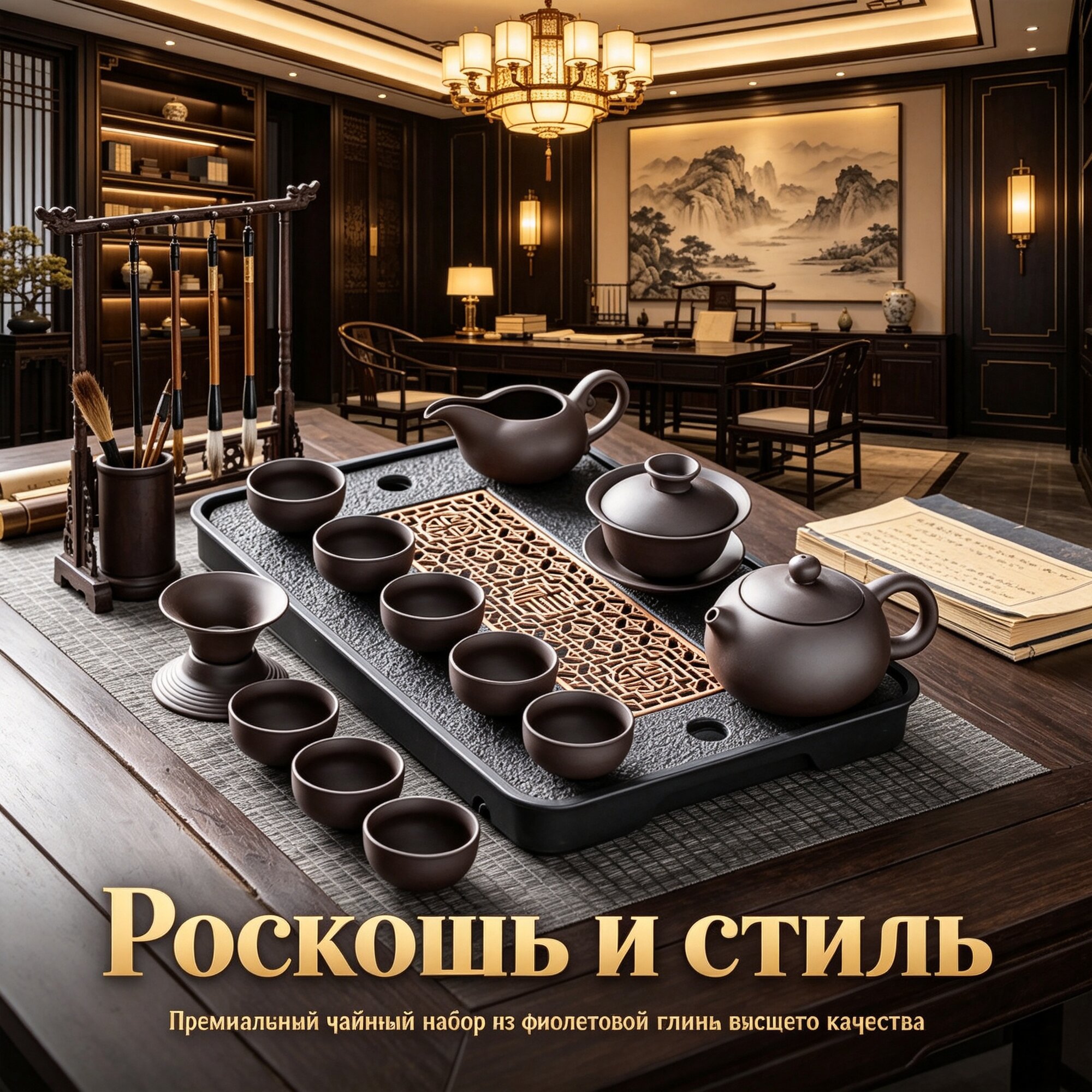 Чайный набор из цзыша для гунфу с меламиновым подносом для сухой церемонии для дома и офиса / лёгкая роскошь стильный