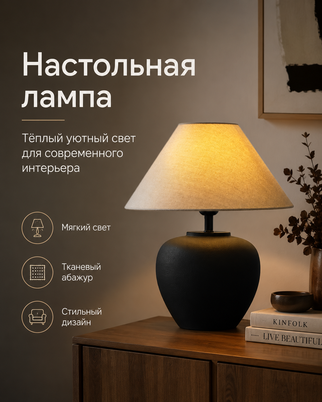 Лампа настольная "Ваби-Саби", для интерьера, керамика, теплый белый свет