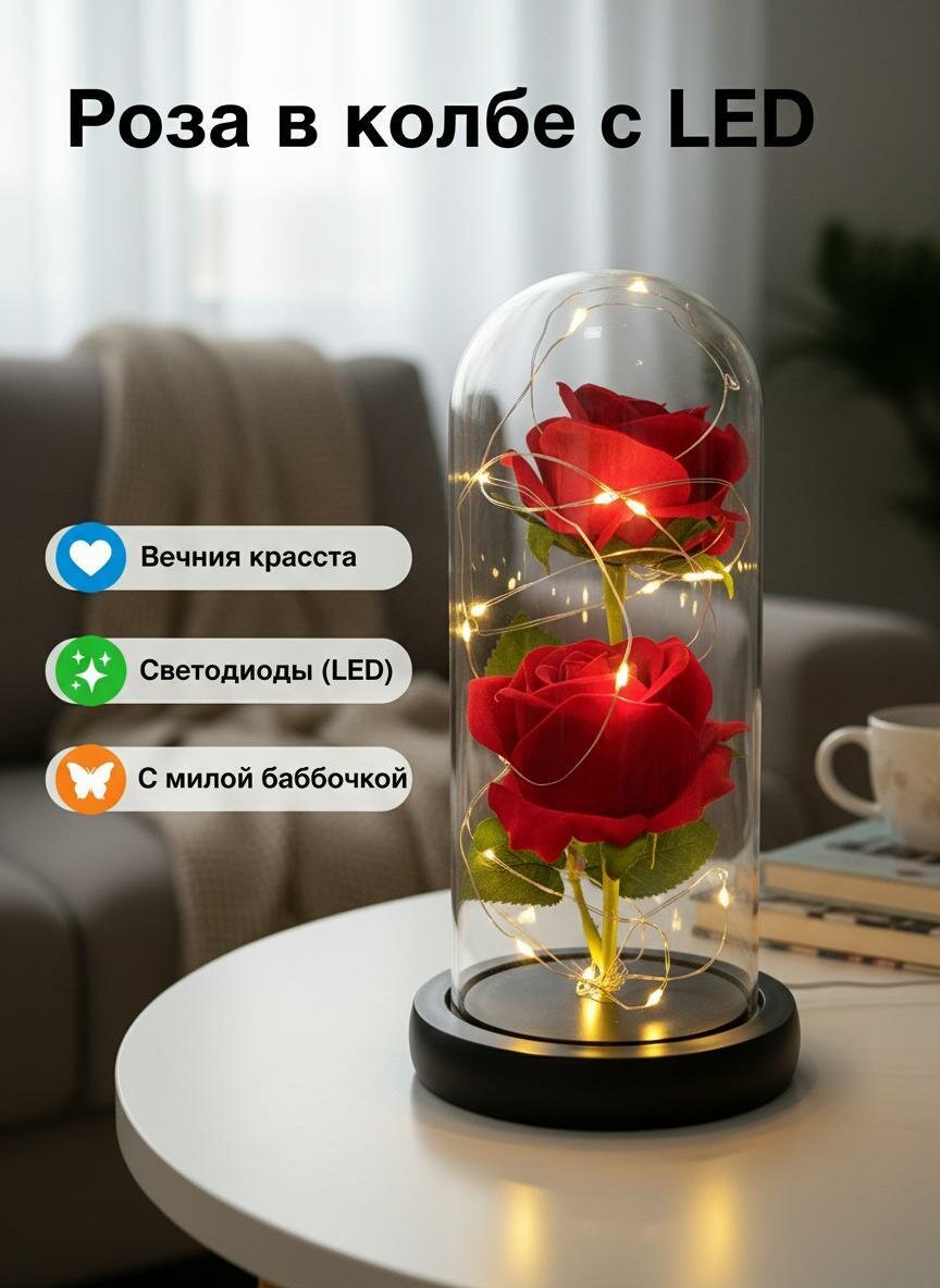 Роза в стеклянной колбе с LED-огоньками, для декора дома и подарков