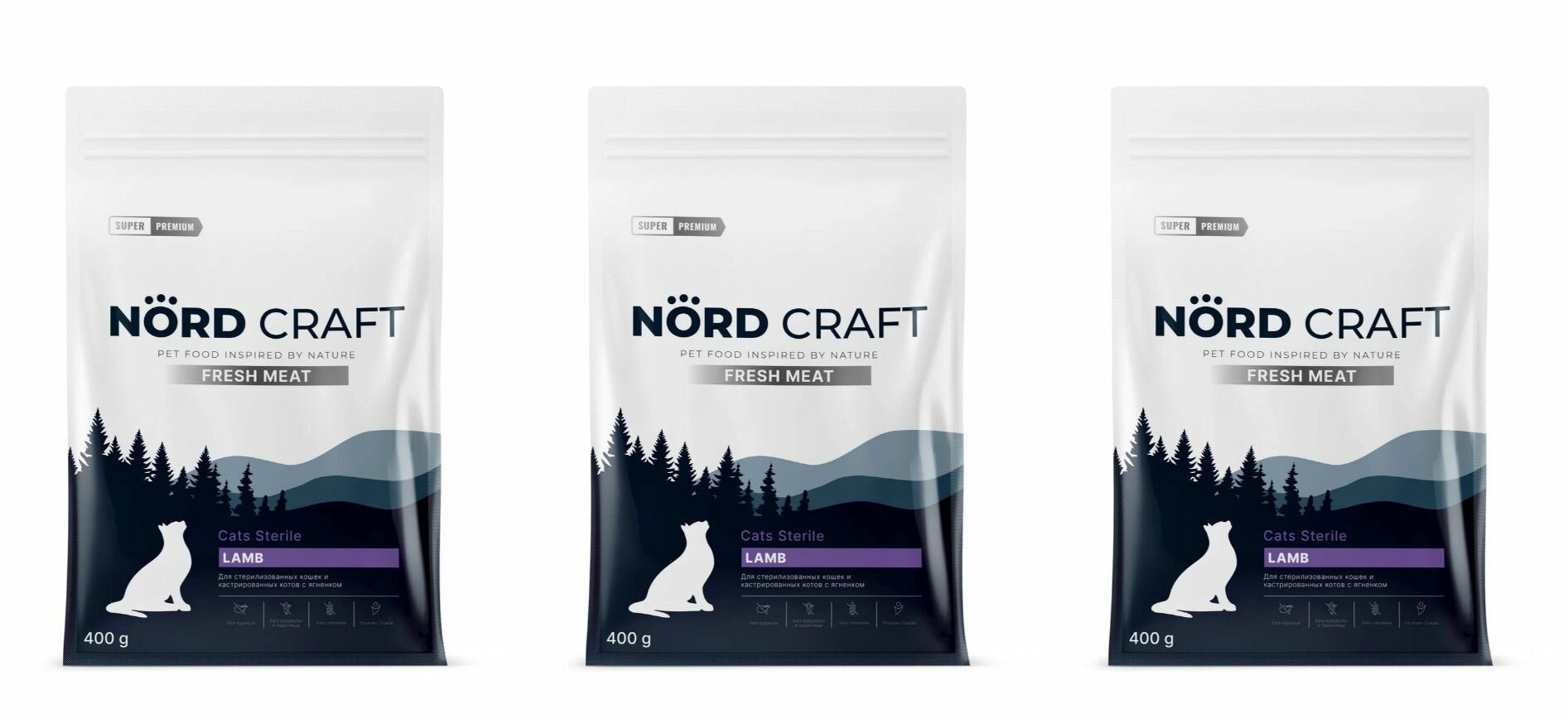 NORD CRAFT Корм сухой для стерилизованных кошек и кастрированных котов Ягёнок, 400 г, 3 уп