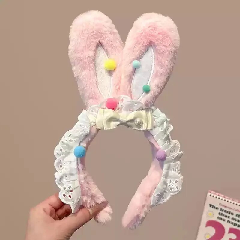 Розовая плюшевая повязка на голову с ушками кролика Розовый, Pink rabbit ears